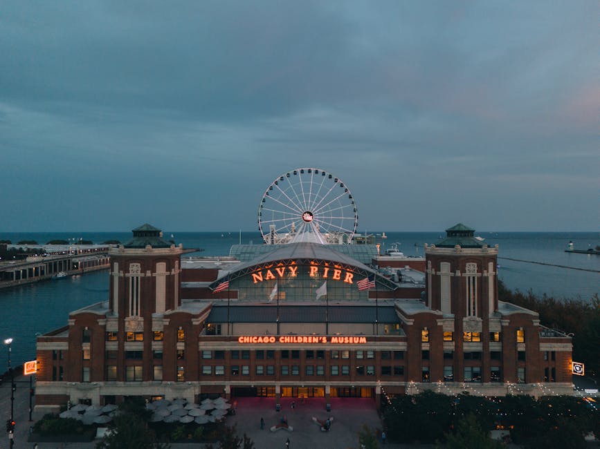 Aerial view of Navy Pier Ferris Wheel at twilight