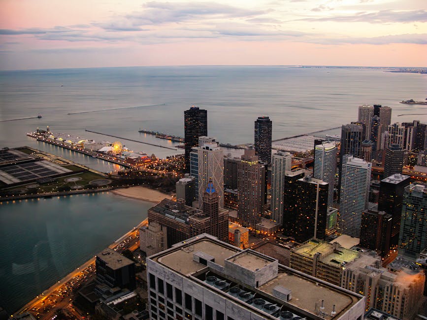 Aerial view of Chicago skyline with waterfront at sunset