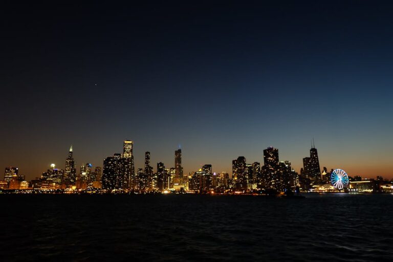 Chicago skyline at night with illuminated Ferris wheel