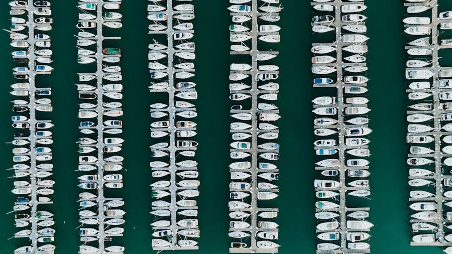 Chicago marina aerial with moored boats