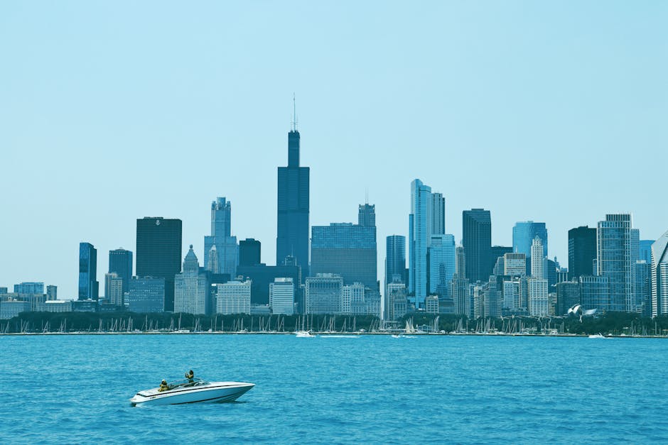 Chicago skyline with speedboat on Lake Michigan