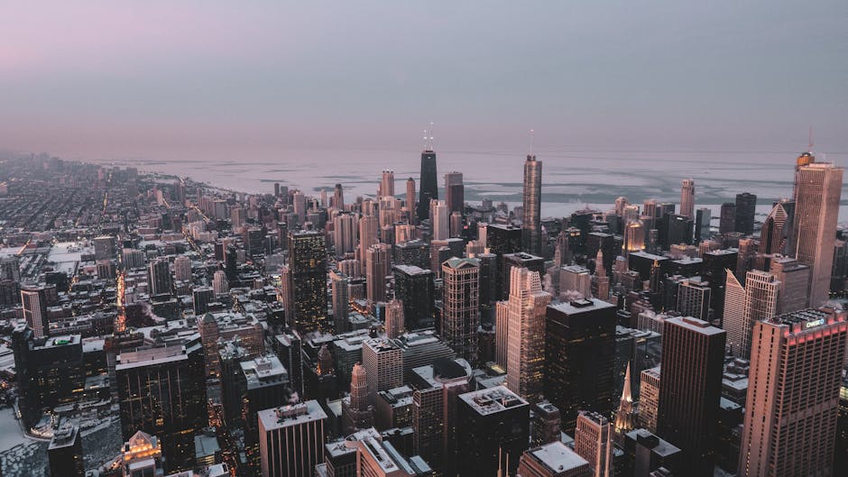 Chicago winter skyline at dusk from above