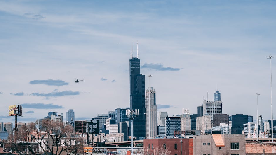 Wide view of Chicago urban skyline with Willis Tower