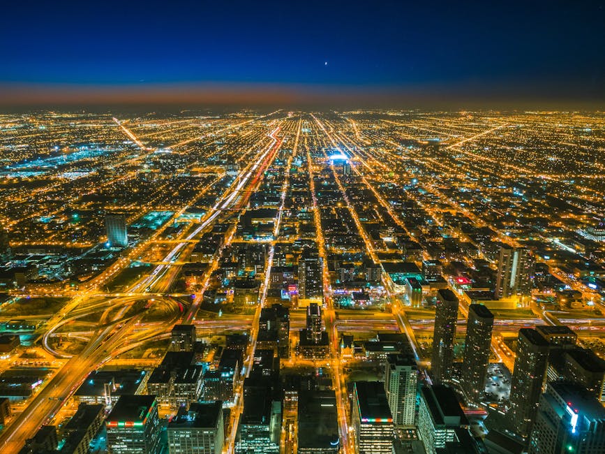 Aerial view of Chicago city lights at twilight