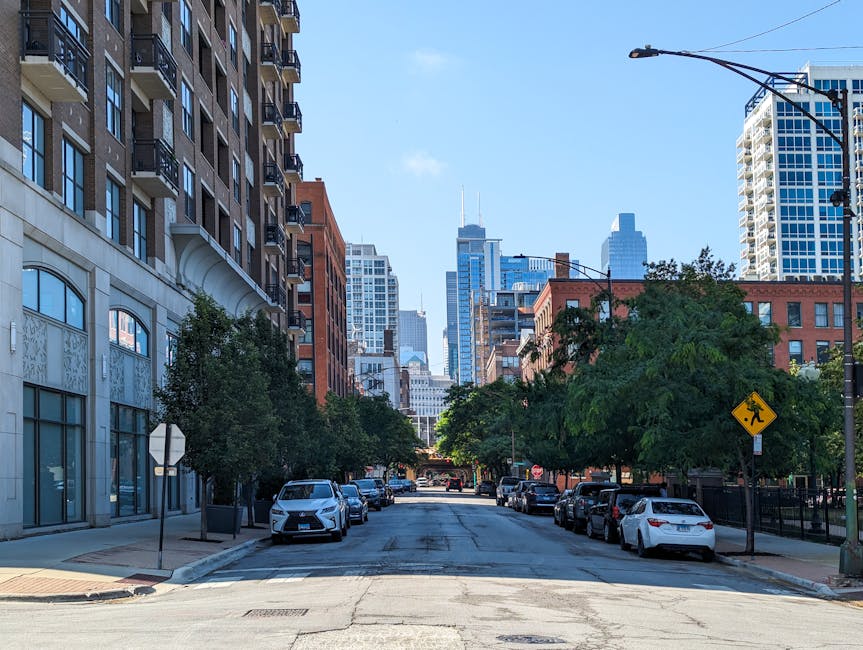 Street view in Chicago with urban architecture and skyline