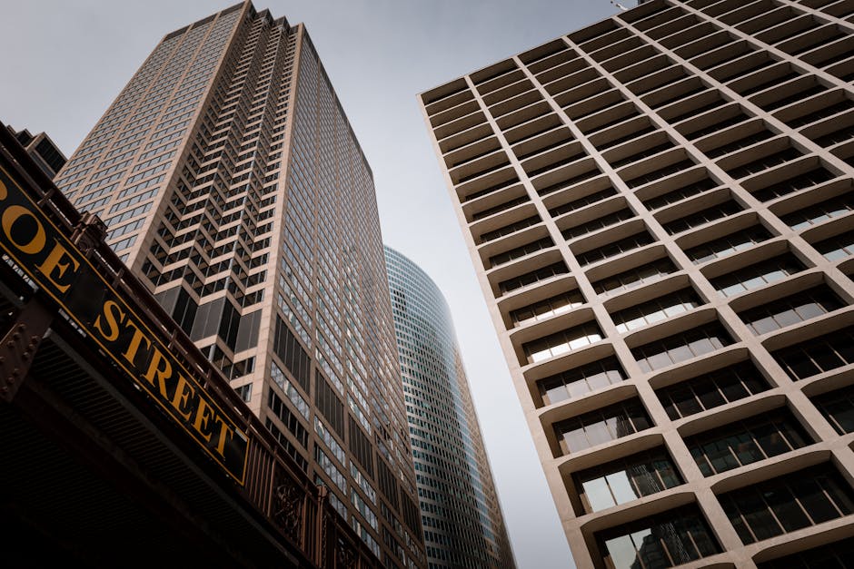 Looking up at skyscrapers on Monroe Street in downtown Chicago