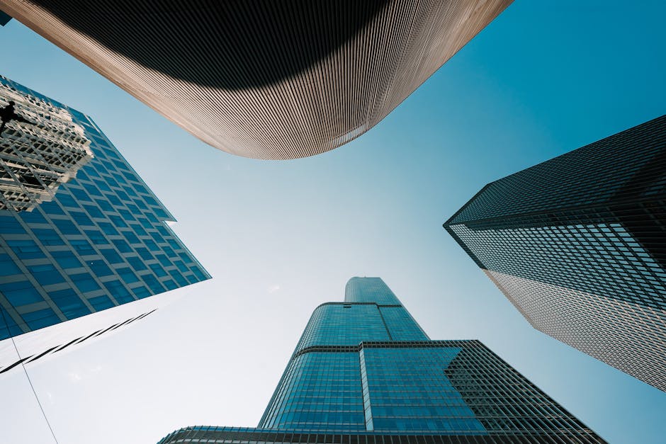Low angle view of modern skyscrapers in downtown Chicago
