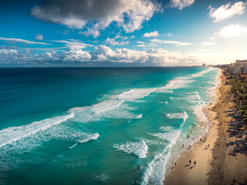Aerial view of Cancun beach with turquoise Caribbean water
