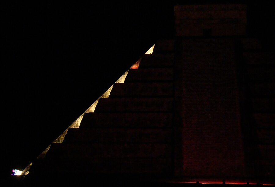 Serpent shadow effect on El Castillo staircase during Chichen Itza equinox