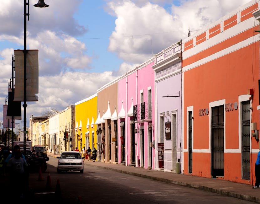 Colonial street in Valladolid Yucatan with pastel buildings