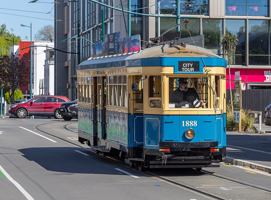 Christchurch heritage tram in the central city streetscape