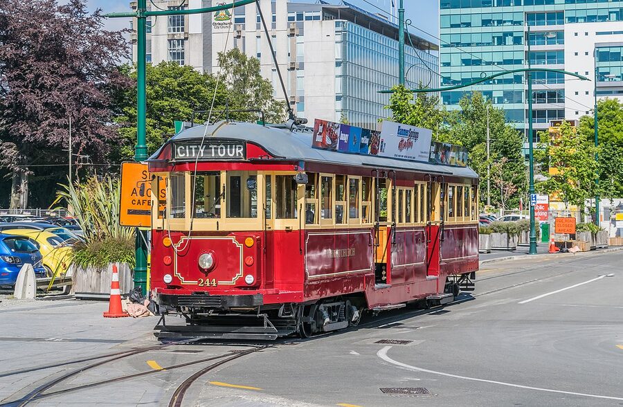 Christchurch heritage tram parked streetside on the central loop