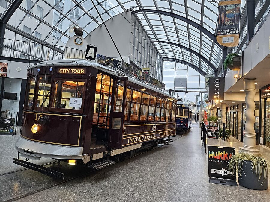 Christchurch heritage tram at Cathedral Junction stop