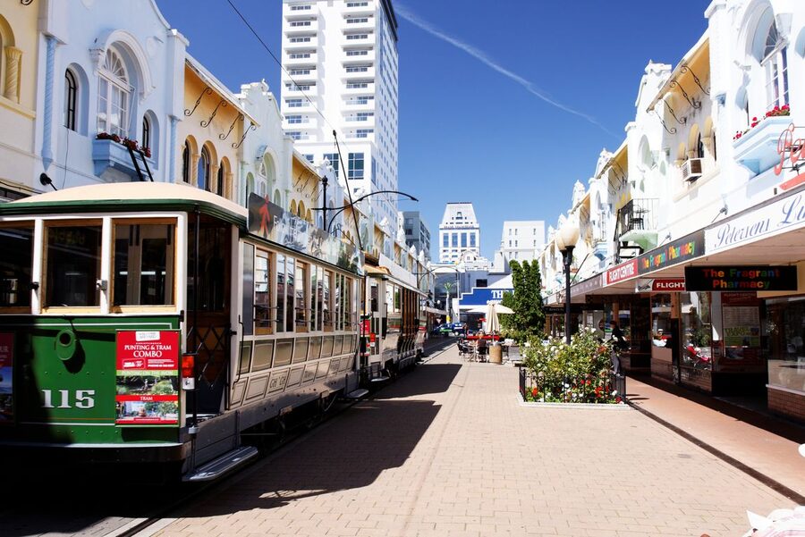 Christchurch tram in New Regent Street with pastel facades