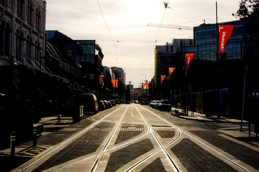 Tram tracks reflecting at New Regent Street, Christchurch