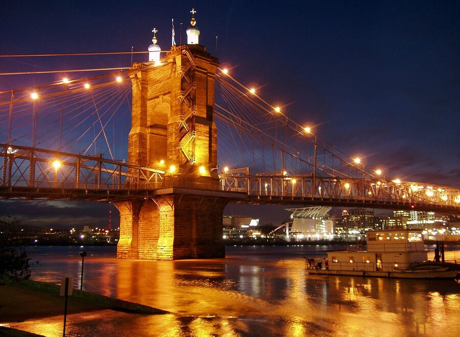 Roebling Suspension Bridge illuminated at night Cincinnati Ohio