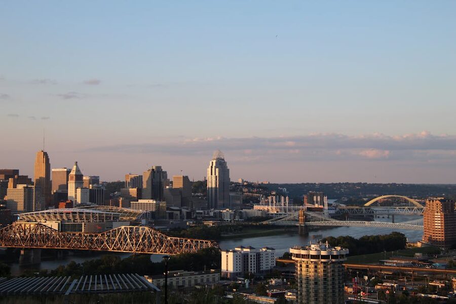 Cincinnati skyline at dusk with bridges over Ohio River
