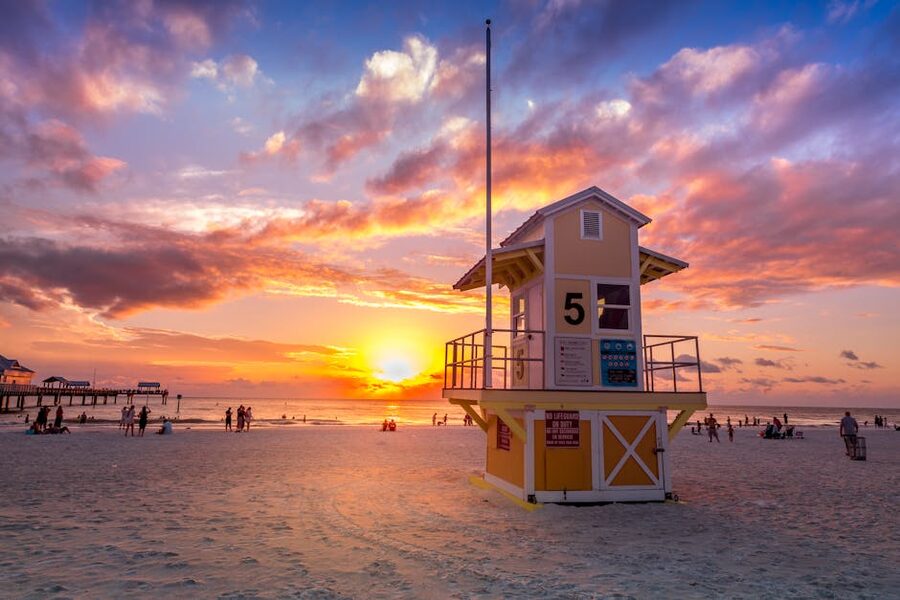 Clearwater Beach at sunset with lifeguard tower