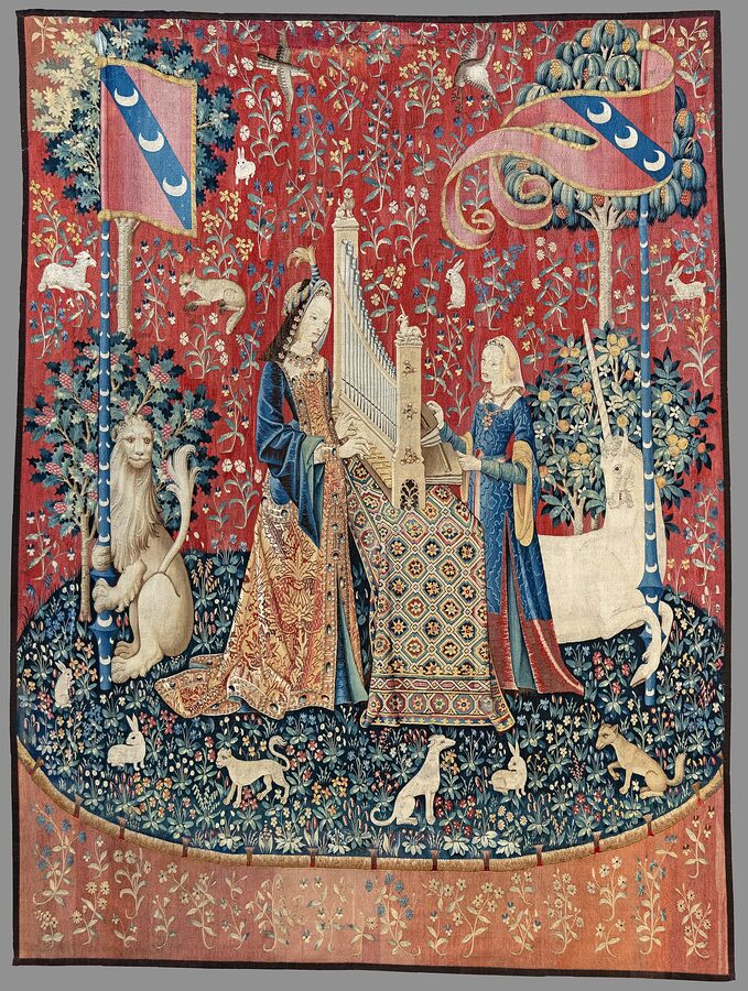 L'Ouie tapestry hearing Lady and the Unicorn at Cluny museum Paris
