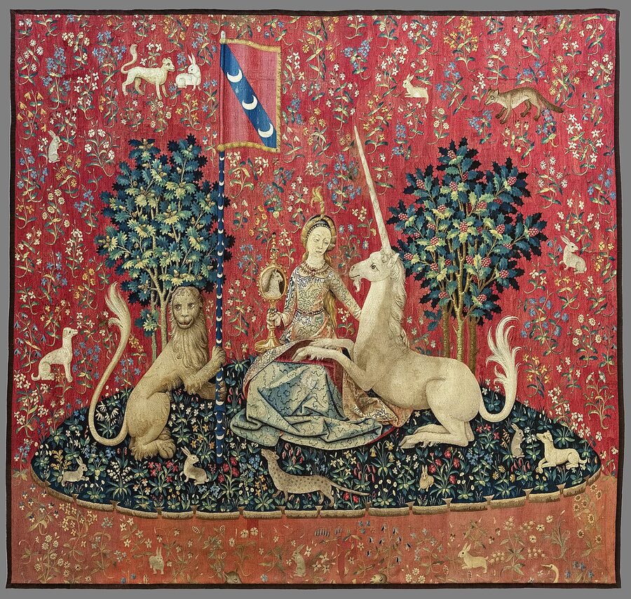 La Vue tapestry sight Lady and the Unicorn at Cluny museum Paris