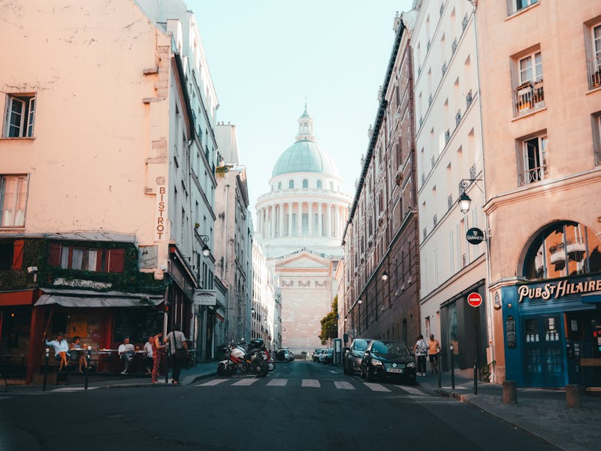 The Pantheon at the end of a Latin Quarter street near Cluny Paris