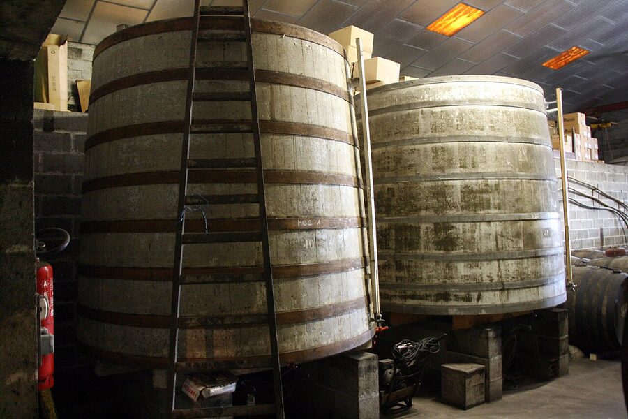 Cognac large foudre oak casks aging warehouse