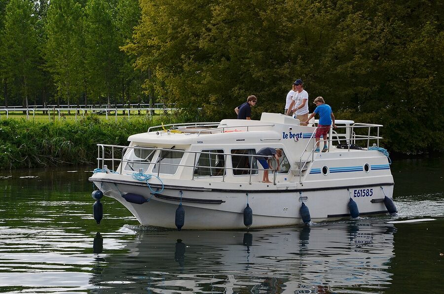 Jarnac on the Charente river boats Courvoisier town France