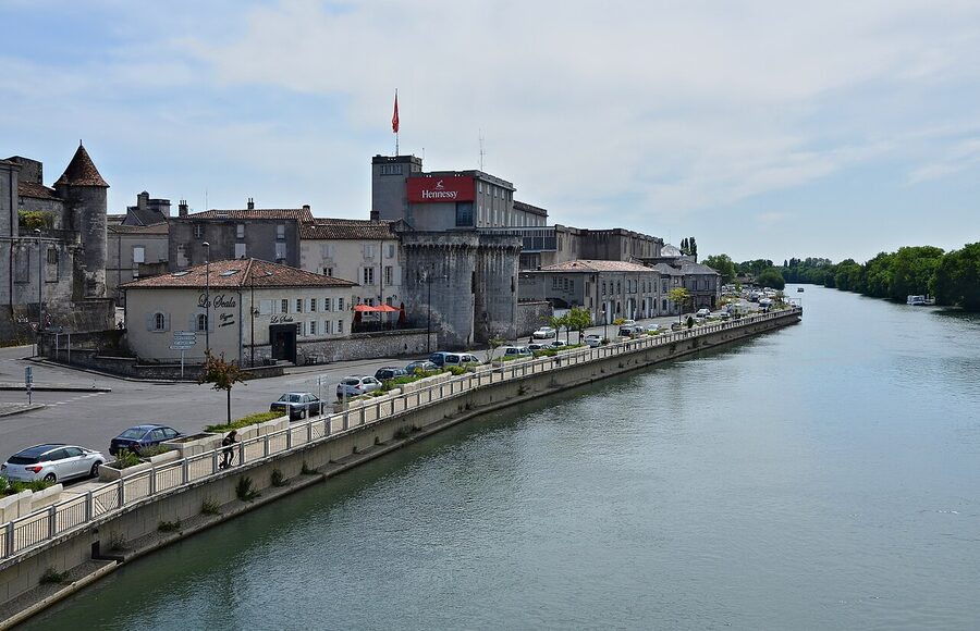 Quai Hennessy buildings along Charente river Cognac
