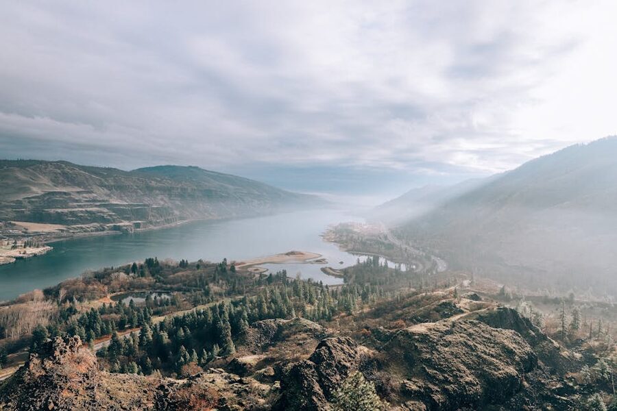 Columbia River Gorge with misty mountains and forest