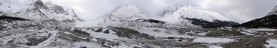 Panorama of the Columbia Icefield with Athabasca Glacier in Alberta