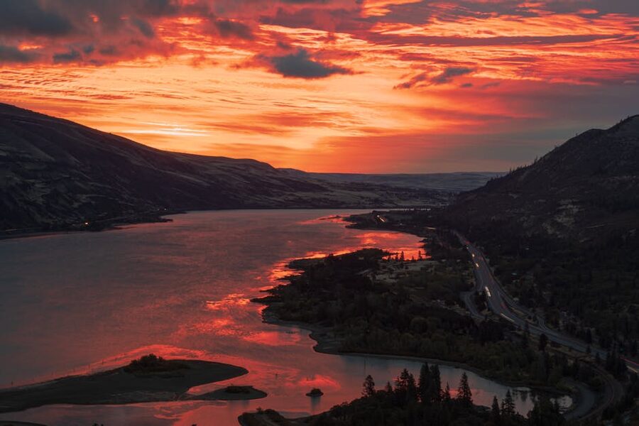 Columbia River Gorge aerial sunset view