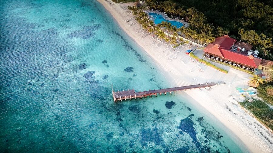 Aerial view of Cozumel pier with turquoise water