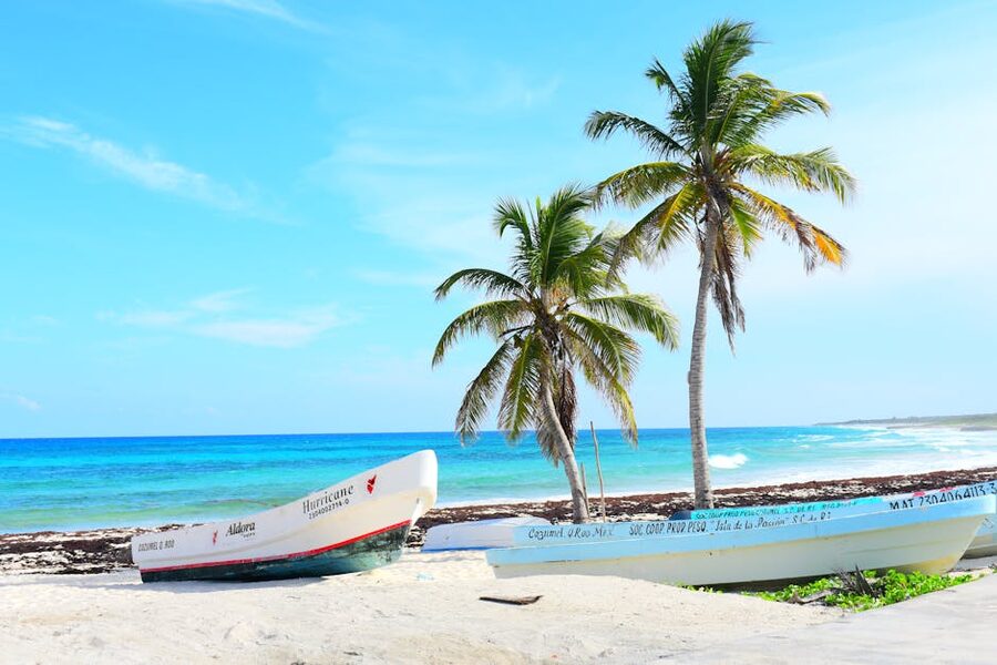 Palm trees and small boats on a Cozumel beach with blue sky
