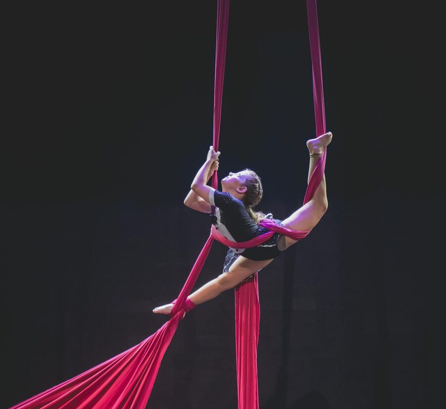 Dynamic aerial silk performance showcasing strength and grace