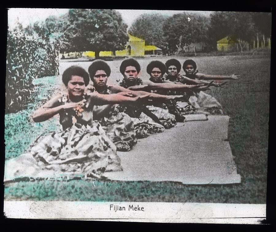 Fijian Meke dancers performing the traditional Meke dance