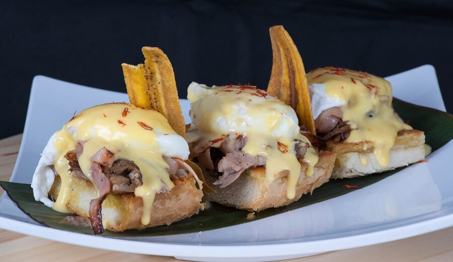 Traditional Cuban plate of pork with eggs and ham