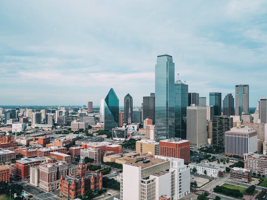 Aerial view of downtown Dallas Texas skyline with skyscrapers