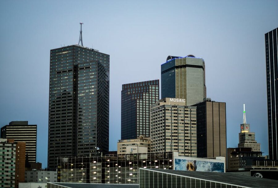 Downtown Dallas Texas skyline daytime view of modern skyscrapers