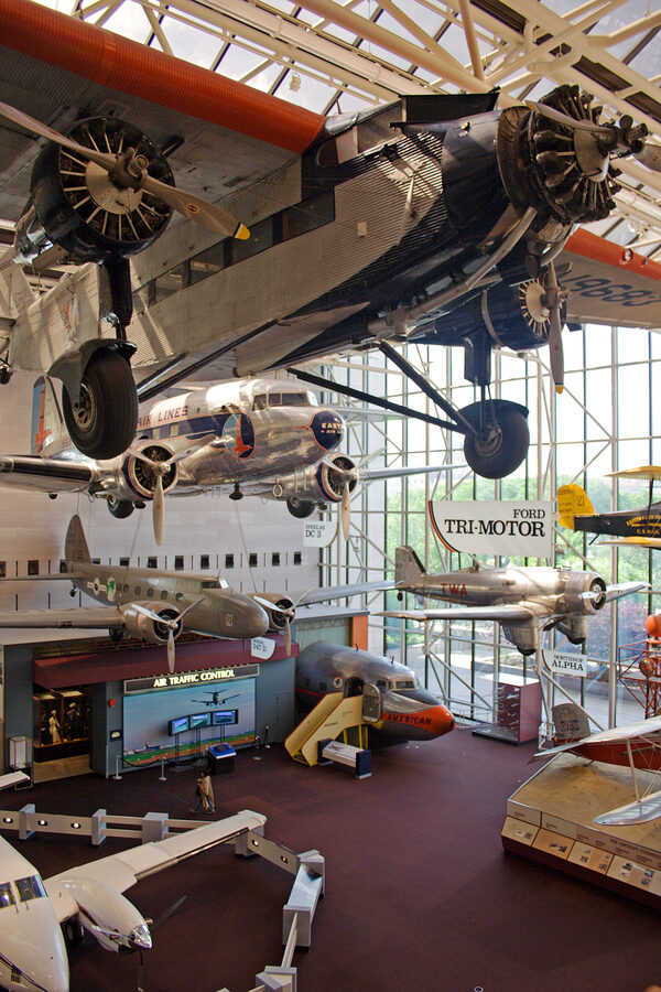 Hanging aircraft inside the National Air and Space Museum