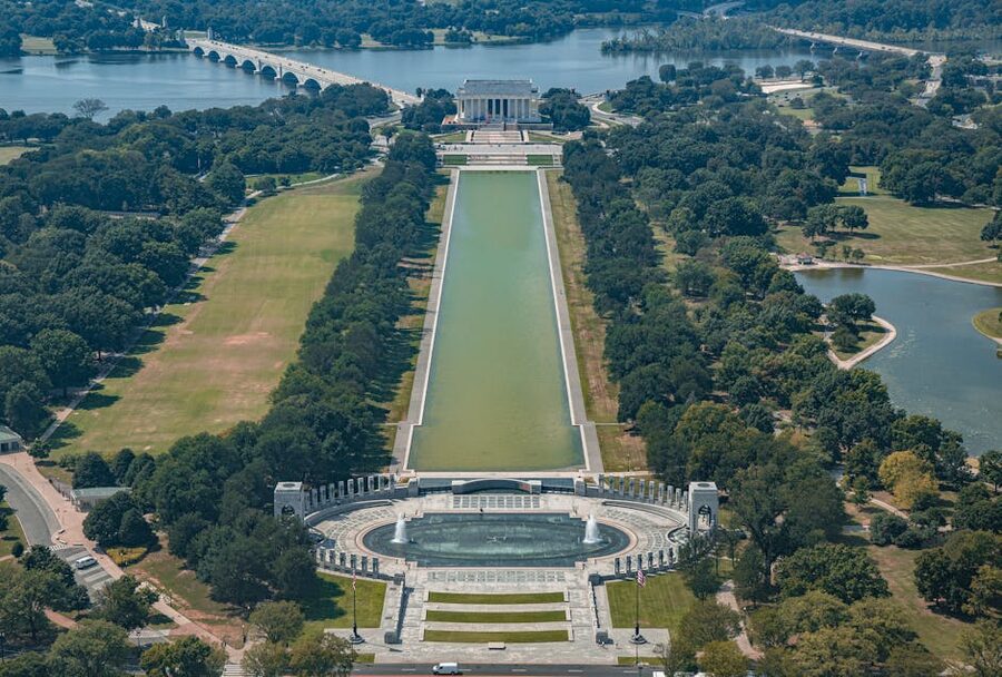Aerial view of the Lincoln Memorial and Reflecting Pool