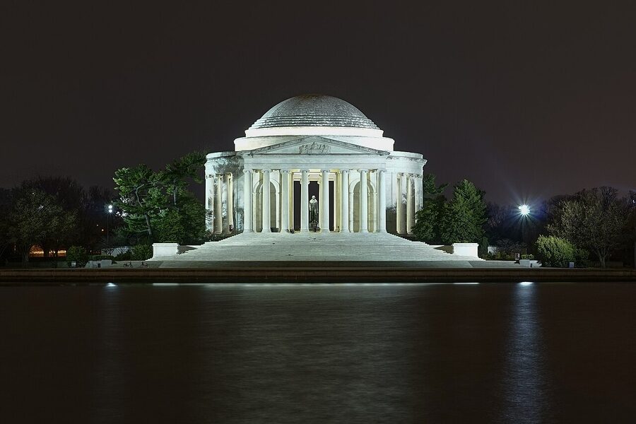 Jefferson Memorial rotunda glowing at night