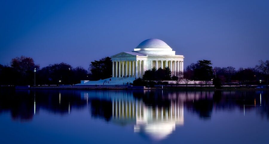 Jefferson Memorial reflecting in the Tidal Basin at twilight