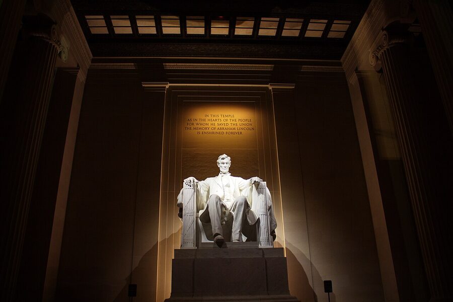 Lincoln Memorial Doric columns lit from below at night