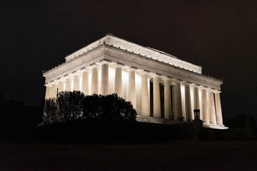 Lincoln Memorial pillars floodlit at night