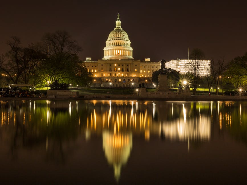 US Capitol Building illuminated at night reflected in water