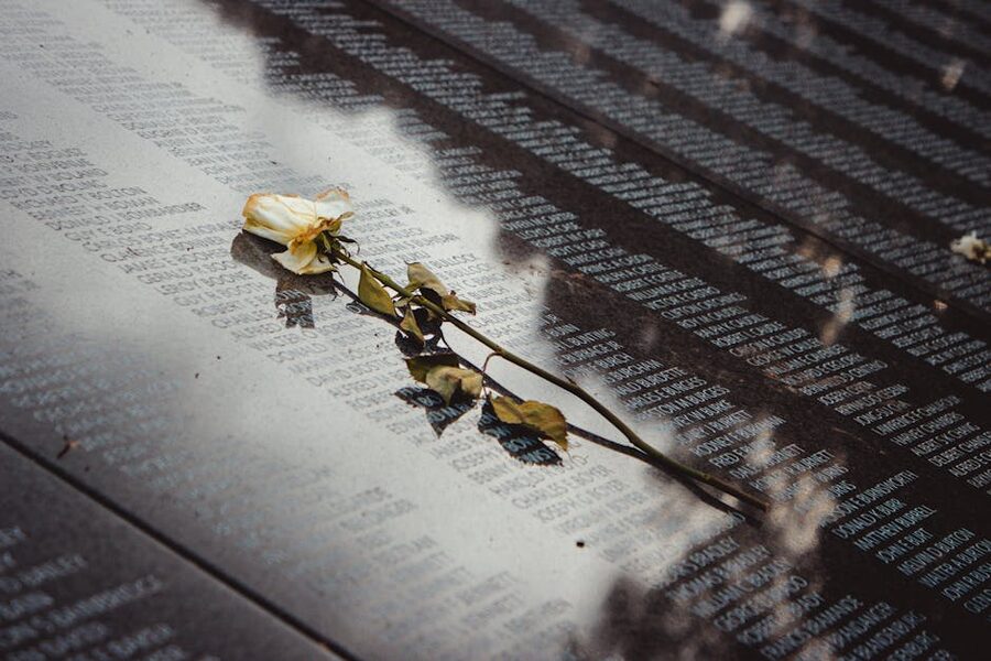 White rose placed on the Vietnam Veterans Memorial Wall