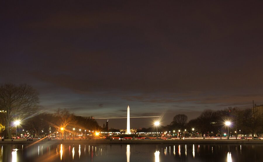 Washington Monument against a dark DC night sky