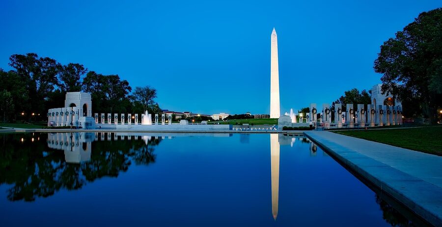 Washington Monument at twilight reflected in the Reflecting Pool