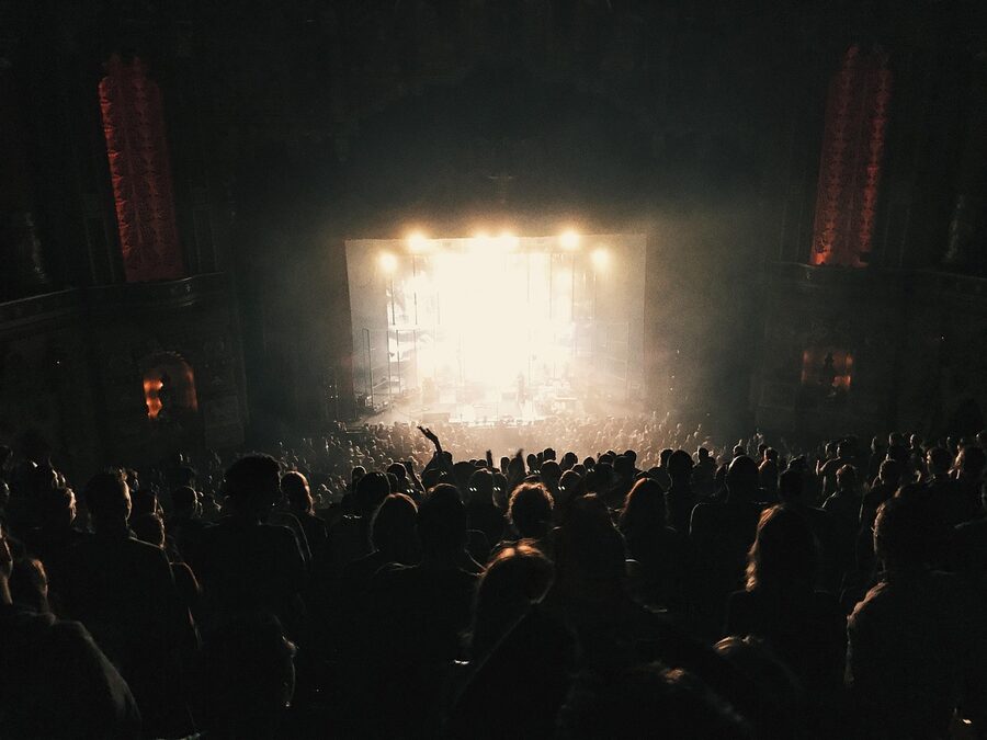 Concert audience crowd in dark theater performance