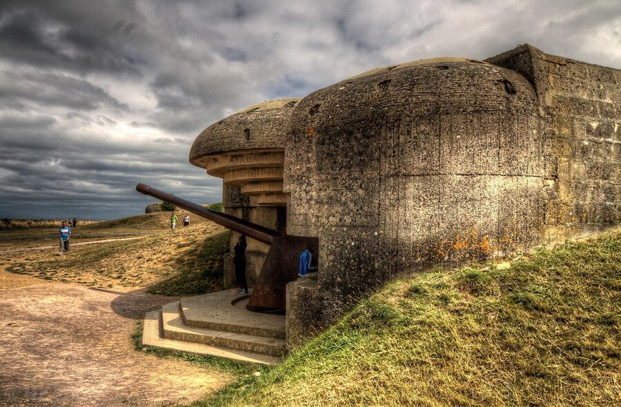 Original gun and casemate at Batterie de Longues, Normandy, with Atlantic Wall fortification